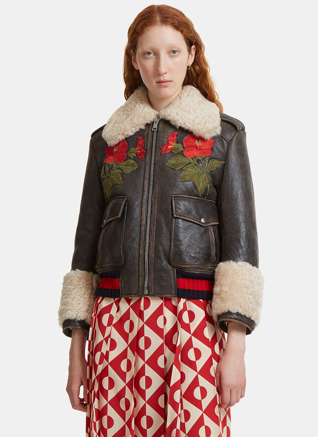 GUCCI Flower Embroidered Shearling Leather Jacket In Brown | ModeSens